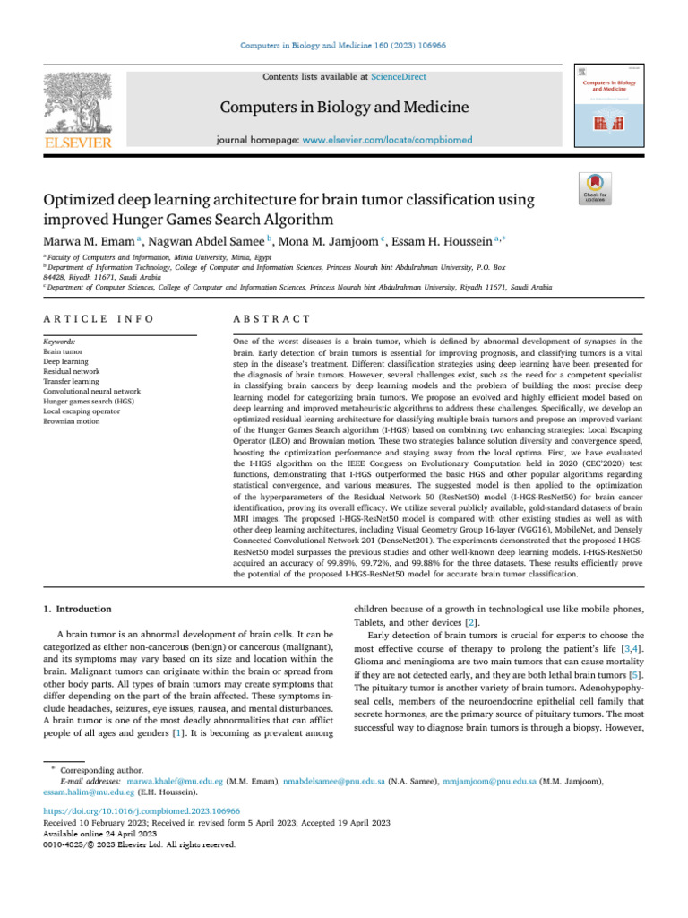 2023 Optimized deep learning architecture for brain tumor classification using improved Hunger ...