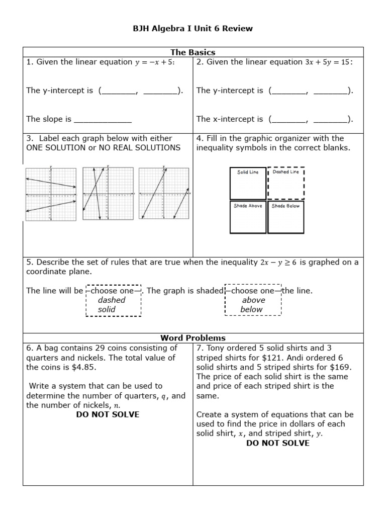BJH Uniit 6 Review 2023-24 | PDF | Equations | Algebra