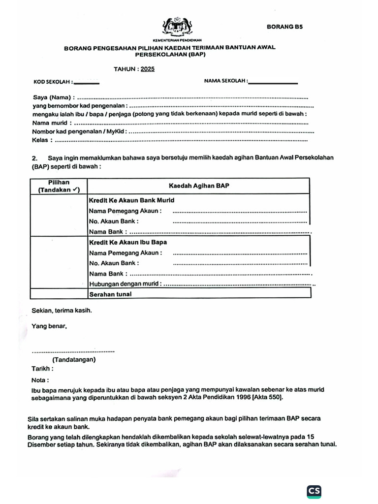Borang Pengesahan Pilihan Kaedah Terimaan Bap 2025 | PDF