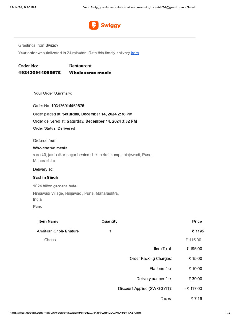 Your Swiggy Order Was Delivered On Time - Singh - Sachin74@gmail - Com ...