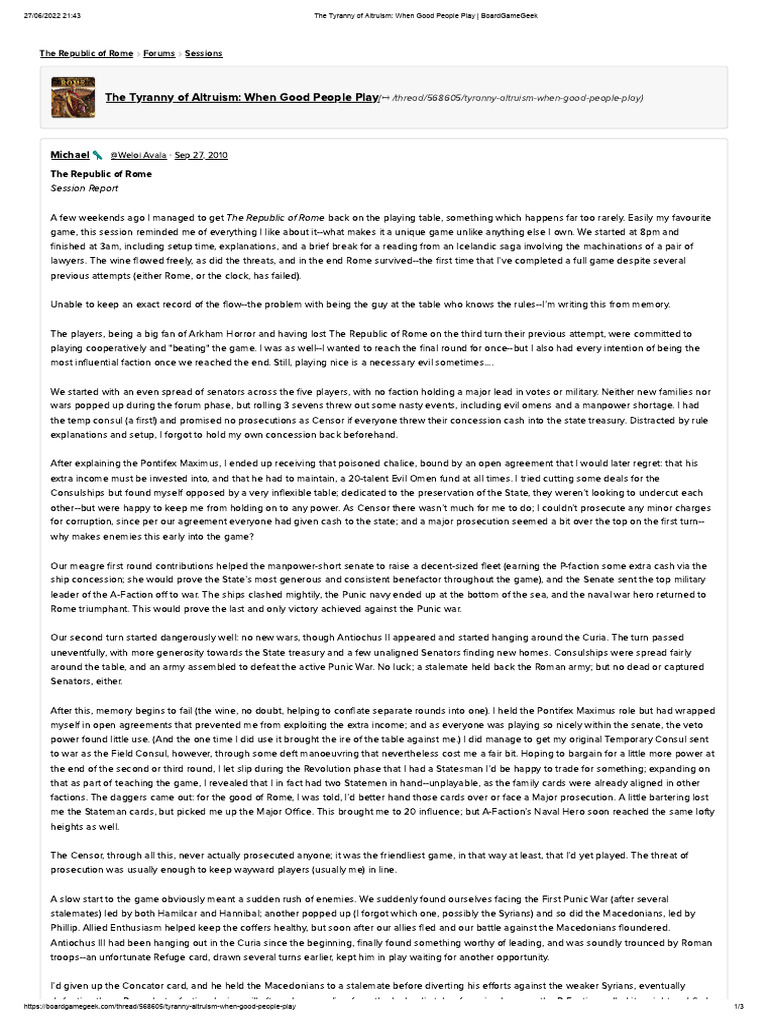 The Tyranny of Altruism - When Good People Play - BoardGameGeek | PDF | Hannibal | Ancient Rome