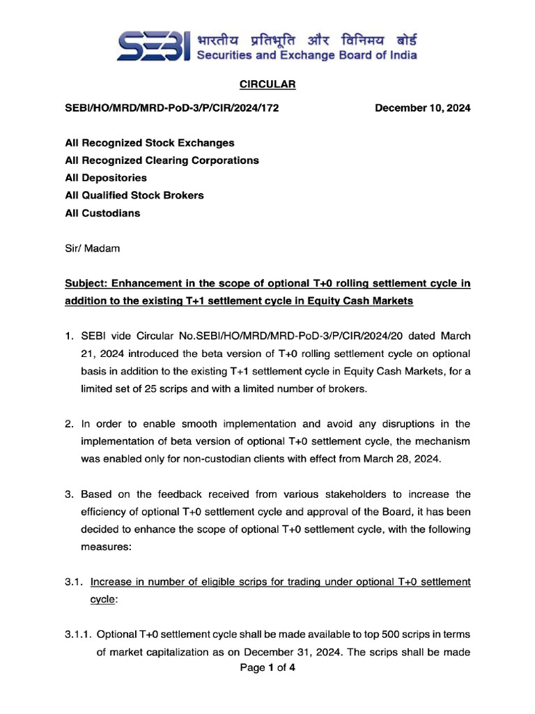 SEBI Enhancement in The Scope of Optional T+0 Rolling Settlement | PDF