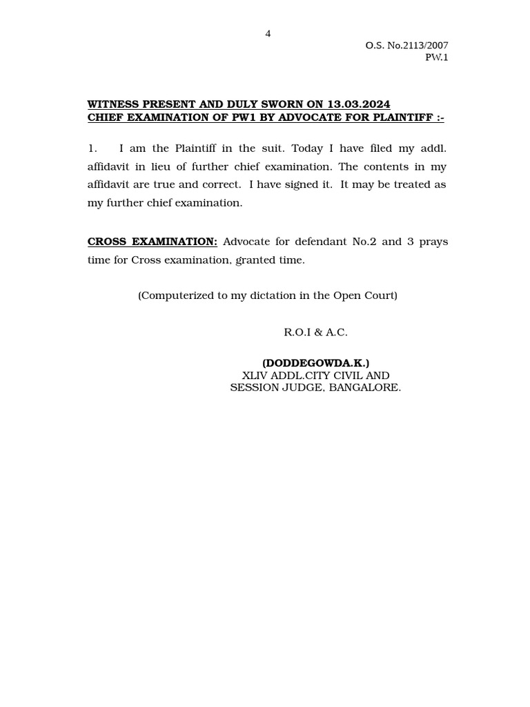 Witness Present and Duly Sworn On 13.03.2024 Chief Examination of Pw1 ...