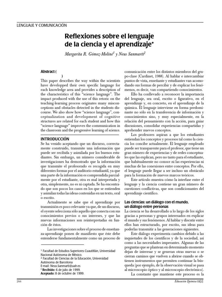 Reflexiones sobre el lenguaje de la ciencia y el aprendizaje Margarita 1999 | PDF | Aprendizaje ...