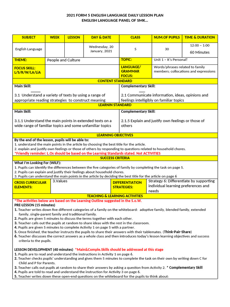 2021 Form5 KSSM Sample LP | PDF | Lesson Plan | Teachers