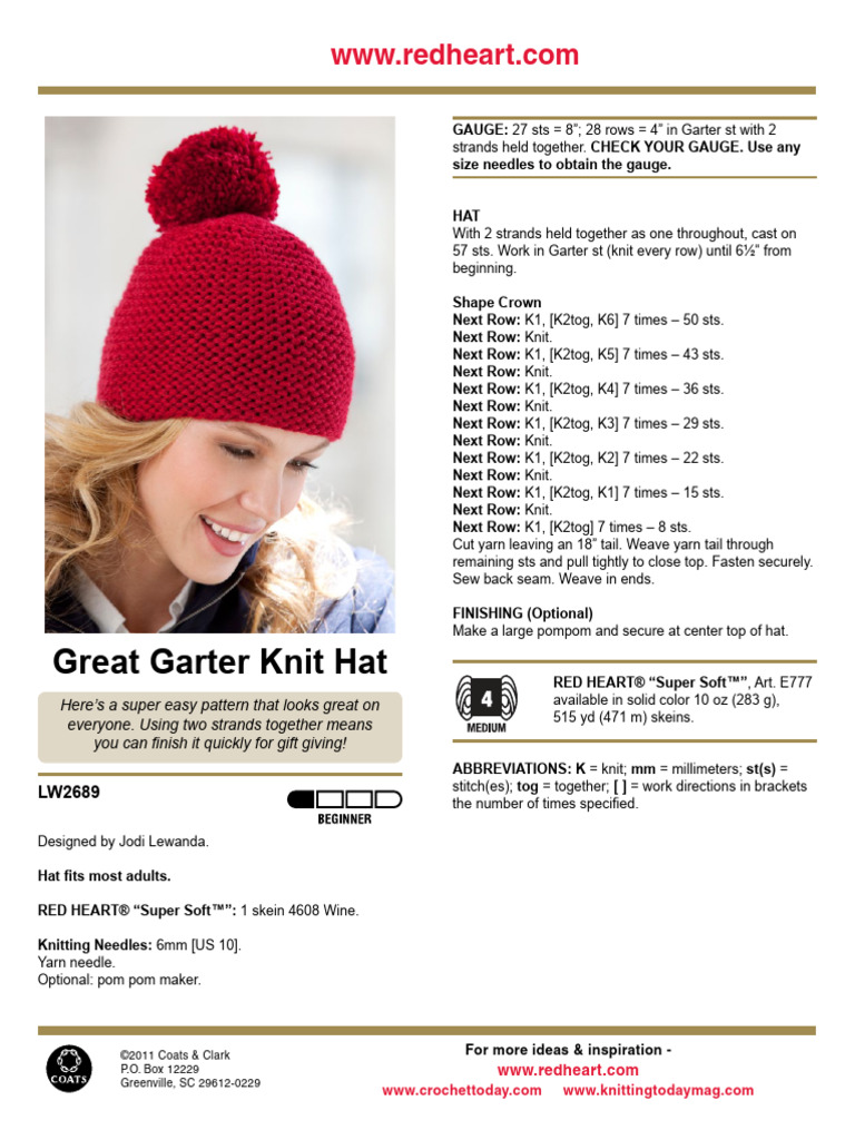 Tuque Rouge Point Mousse Avec Pompom Anglais Red Heart | PDF | Knitting ...