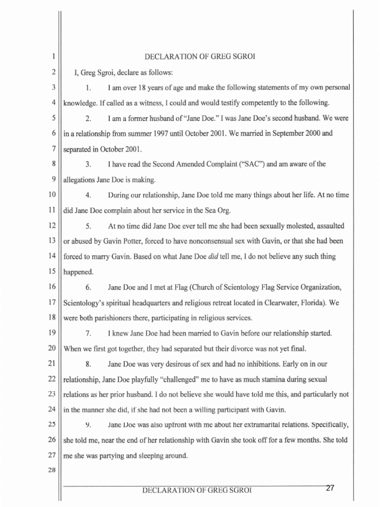 Greg Sgroi's Declaration on Jane Doe | PDF | Misconduct | Violence