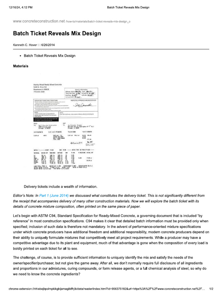 Batch Ticket Reveals Mix Design | PDF