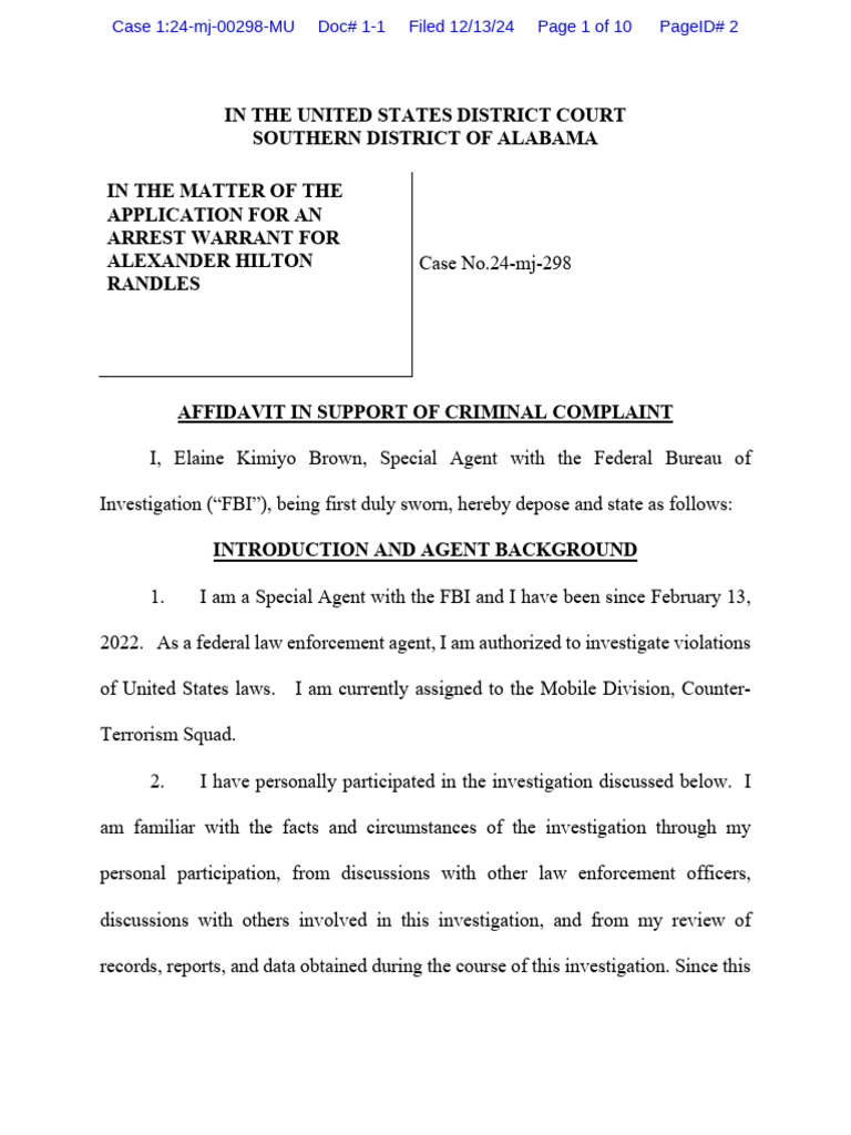 FBI Affidavit in Alexander Randles Case | PDF | American Government ...