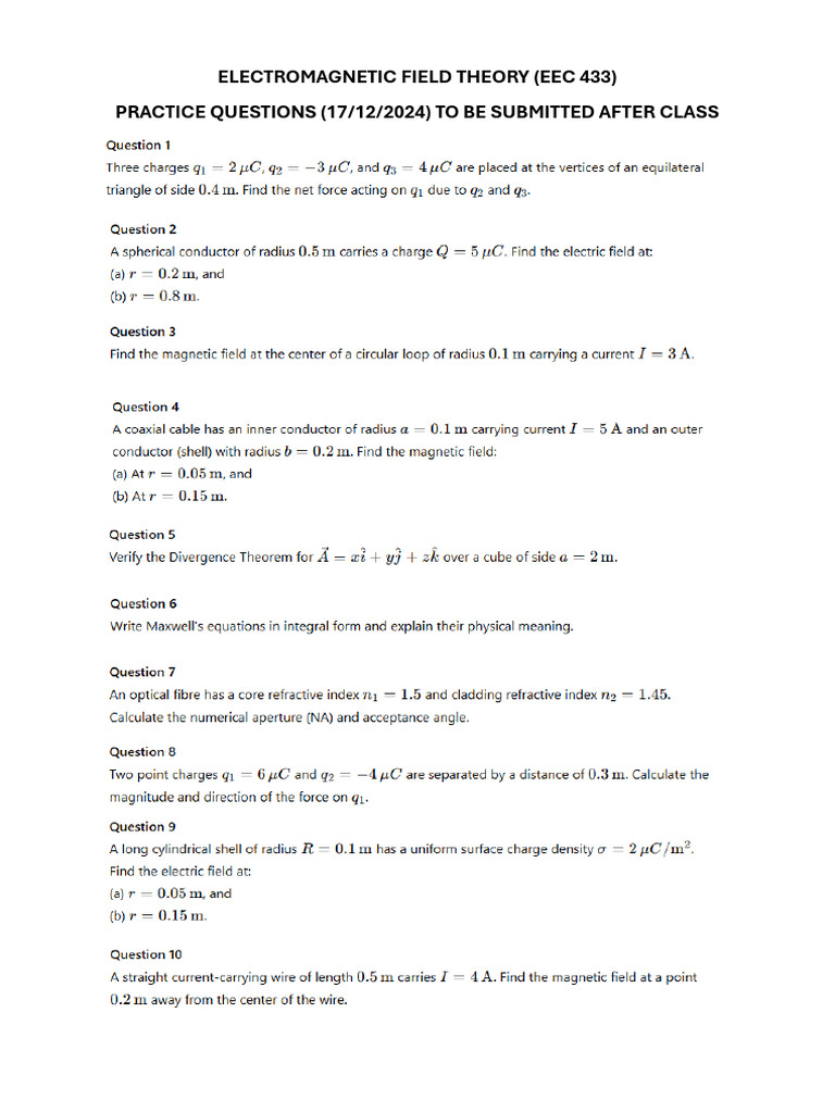 Electromagnetic Field Theory Practice Questions | PDF