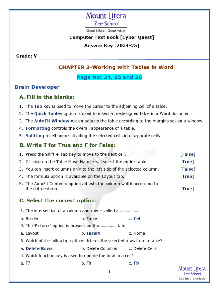 Working with Tables in MS Word for Class 5 | PDF | Page Layout | Software