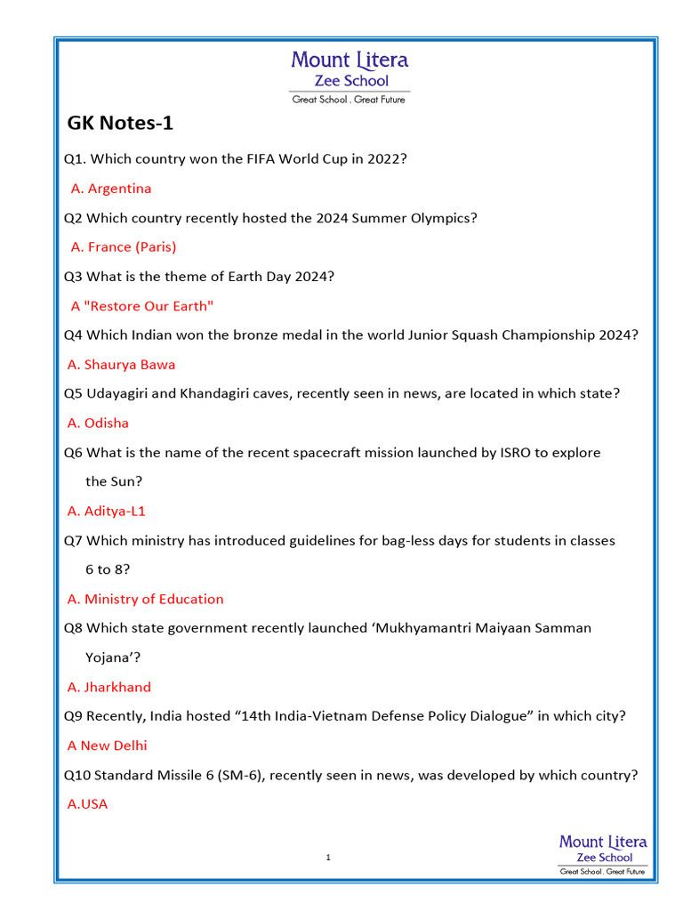 Grade 5 GK Term1 Notes1 | PDF
