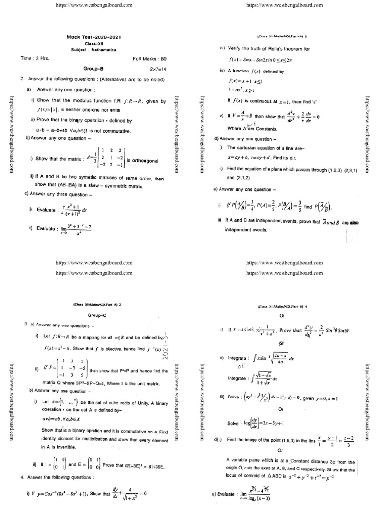 WB Board Class 12 MT Mathematics 2021 | PDF