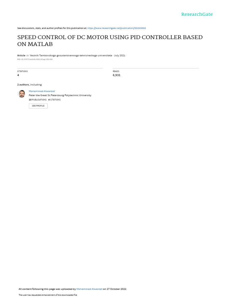 Speed Control of DC Motor Using Pid Controller Bas | PDF | Electric Motor | Control Theory