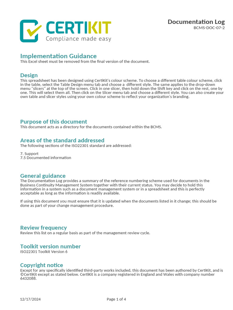 BCMS-DOC-07-2 BCMS Documentation Log | PDF | License | Risk