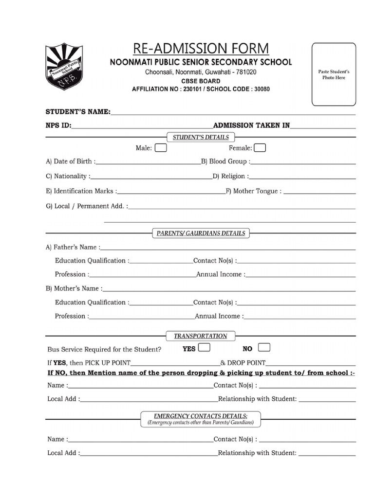Re Admission Form | PDF