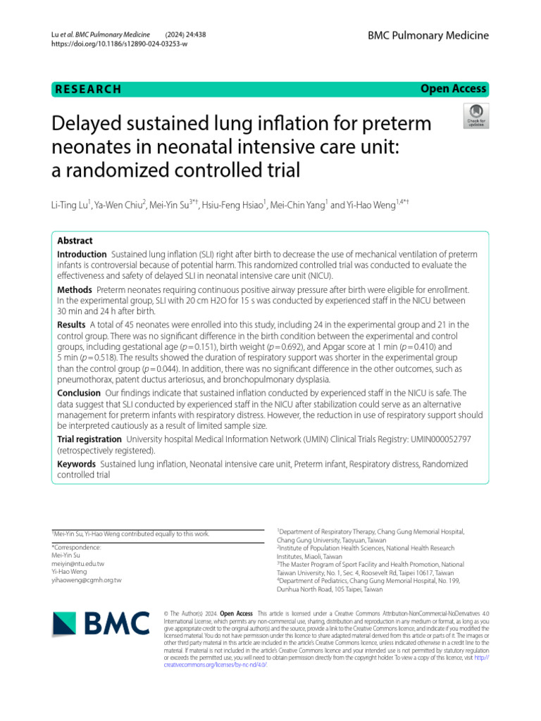 Delay Lung Inflation For Preterm | PDF | Neonatal Intensive Care Unit ...