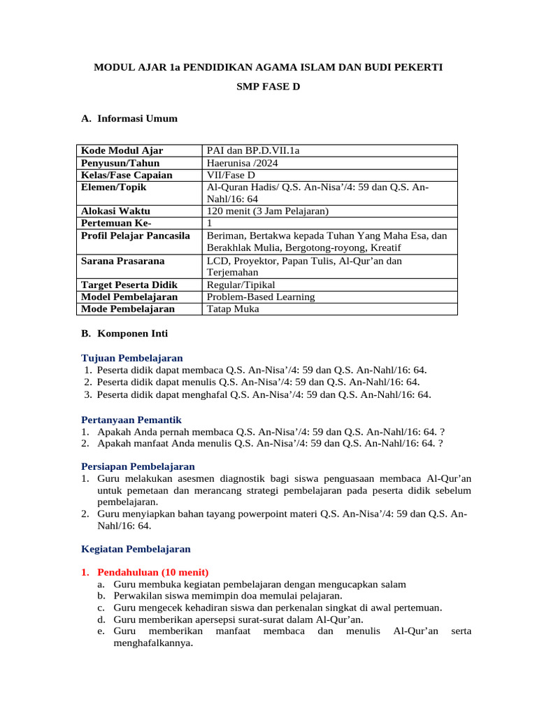 MODUL AJAR PAI DAN BP SMP KELAS VII BAB 1 | PDF