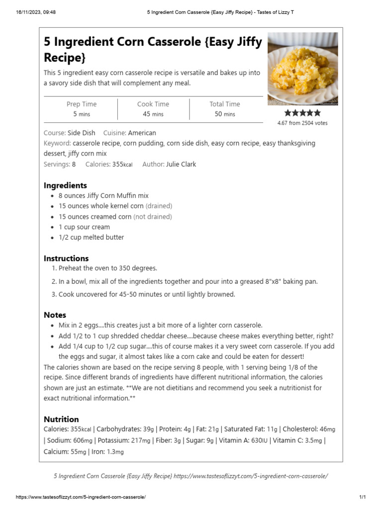 5 Ingredient Corn Casserole (Easy Jiffy Recipe) | PDF | Nutrition Facts ...