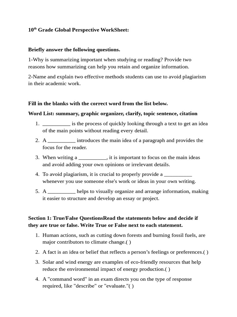 10th Grade Global Perspective WorkSheet | PDF
