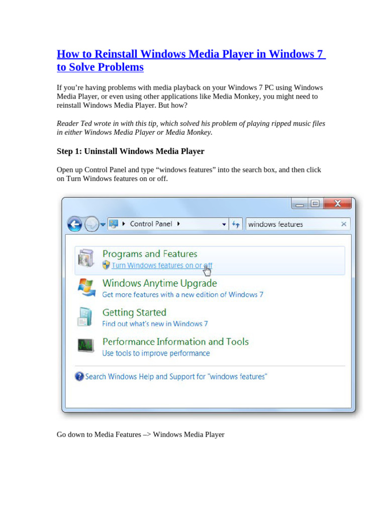 How to Reinstall Windows Media Player in Windows 7 to Solve Problems | PDF