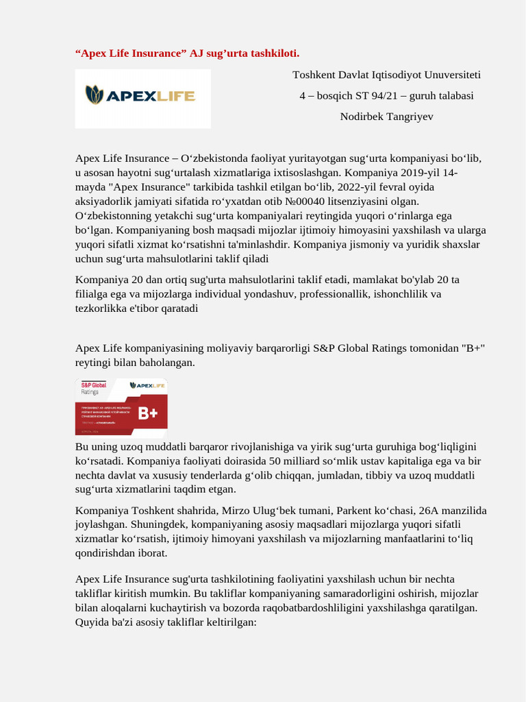 Apex Life Insurance | PDF