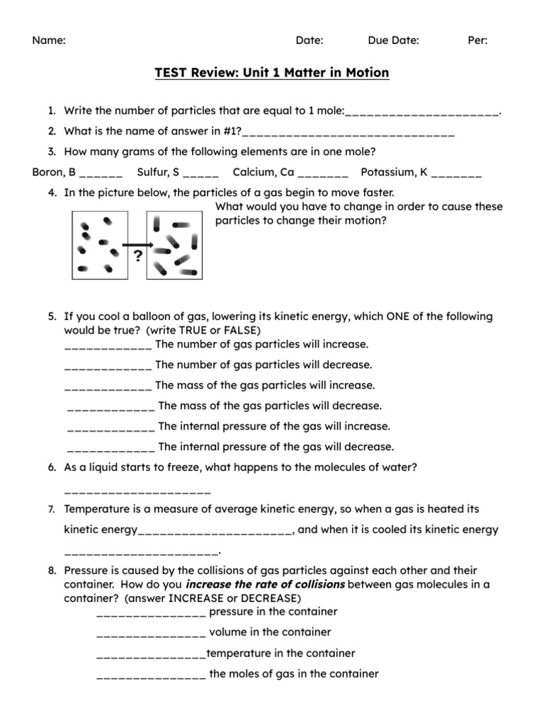 Unit 1 Matter in Motion Test Review | PDF | Gases | Water