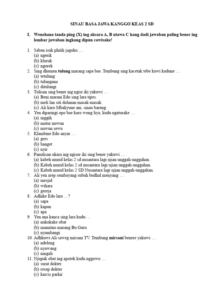 Soal Bahasa Jawa Kelas 2 SD | PDF