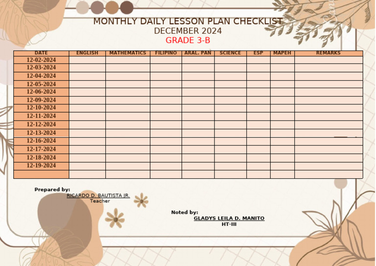Monthly Daily Lesson Plan Checklist | PDF