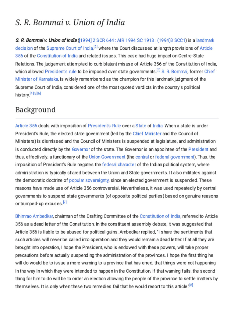 S. R. Bommai v. Union of India - Wikipedia | PDF | Government ...