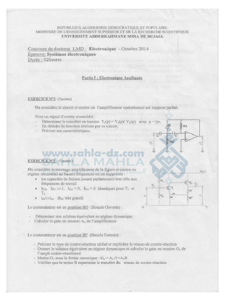 7 Sujets Concours Daccès Au Doctorat en Electronique 1 | PDF