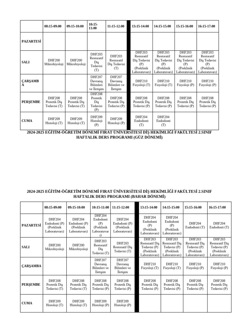 2024-2025 2.sinif Haftalik Ders Programi | PDF