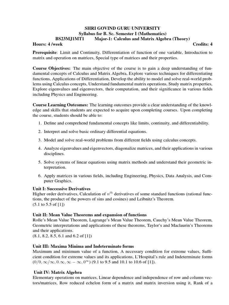 B.Sc. Math: Calculus & Matrix Algebra | PDF | Matrix (Mathematics) | Eigenvalues And Eigenvectors