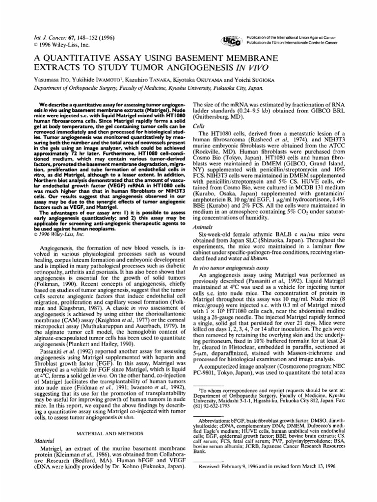 A QUANTITATIVE ASSAY USING BASEMENT MEMBRANE EXTRACTS TO STUDY TUMOR ANGIOGENESIS IN VIVO | PDF ...