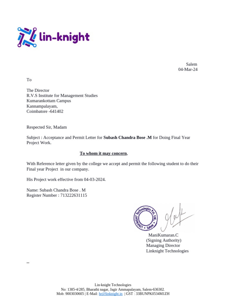 Subash Chandra Bose - Project Letter | PDF