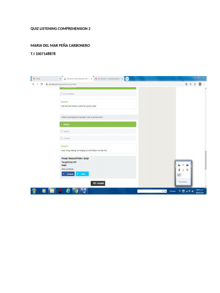 Quiz Listening Comprehension 2 Maria Del Mar Peña Carbonero | PDF