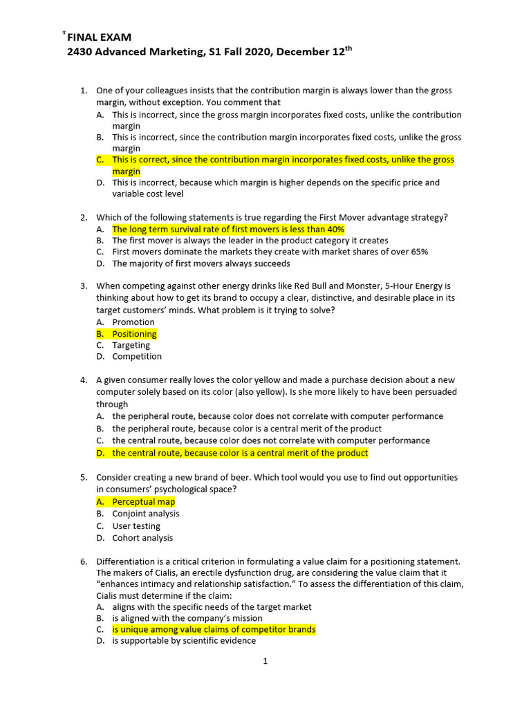 2020 - S1 - Mock Exam W Solution | PDF | Brand | Marketing