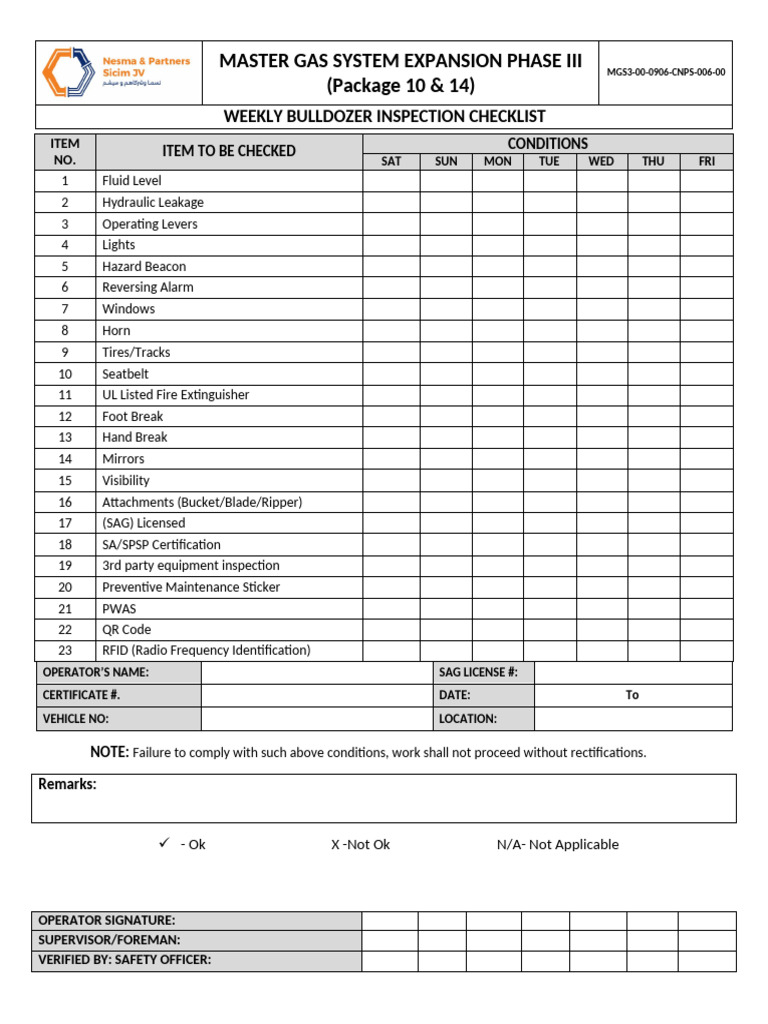 MGS3!00!0906 CNPS 006 00 - Weekly Bulldozer Inspection Checklist | PDF