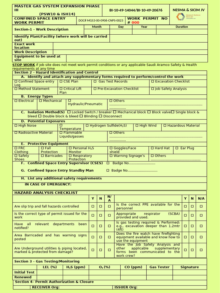 Confined Space Work Permit | PDF | Safety | Occupational Safety And Health