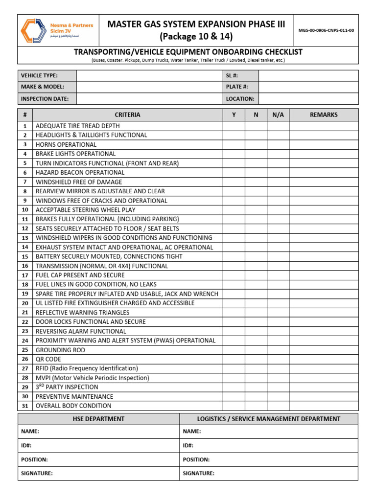 Vehicle Equipment Onboarding Checklist | PDF | Vehicles | Truck