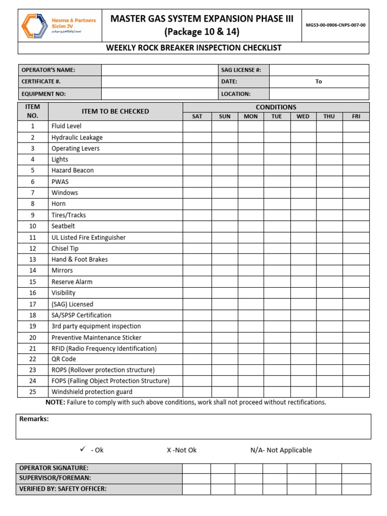MGS3-00-0906-CNPS-007-00_Weekly Rock Breaker Inspection Checklist | PDF