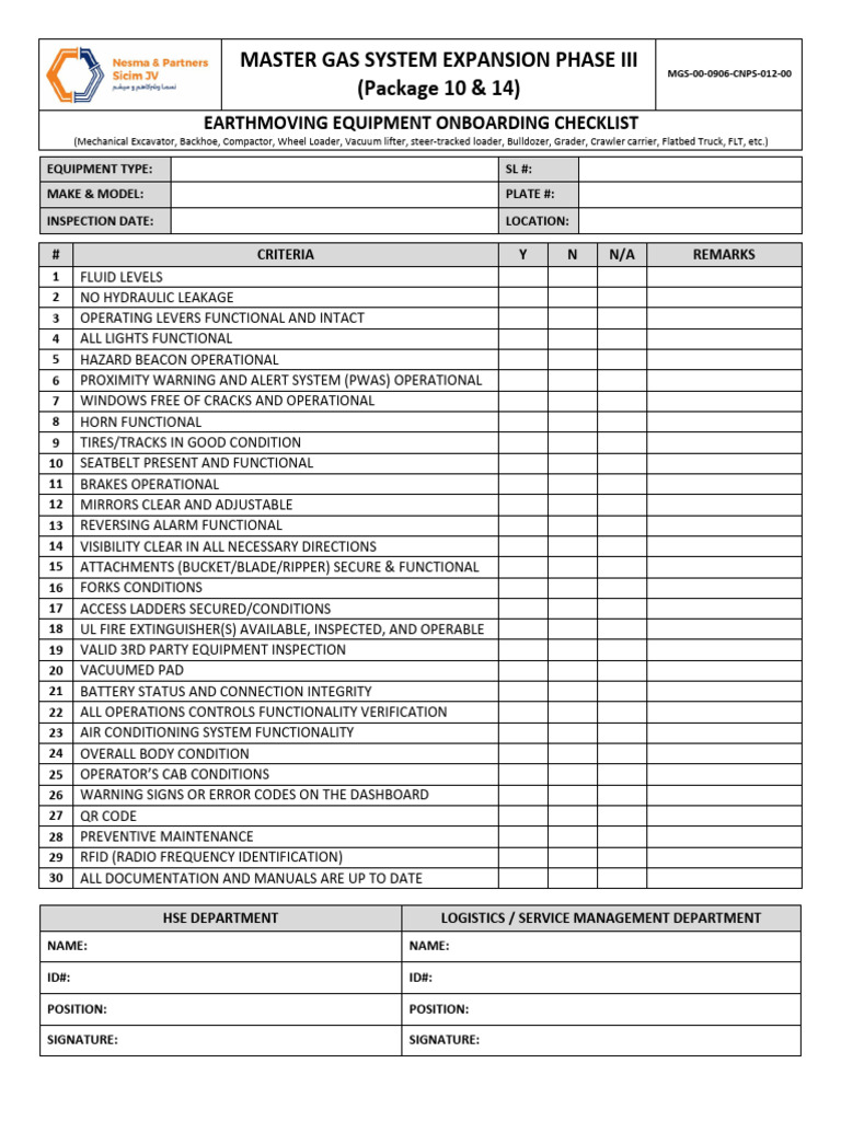 Earthmoving Equipment Onboarding Checklist | PDF | Loader (Equipment ...