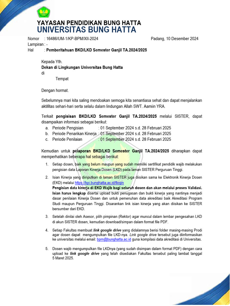 Pemberitahuan BKD/LKD Ganjil 2024/2025 | PDF
