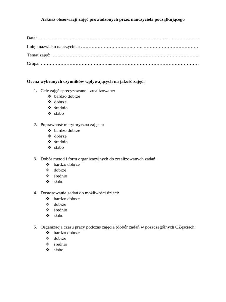 Arkusz Obserwacji Zajęć Prowadzonych Przez Nauczyciela Początkującego | PDF