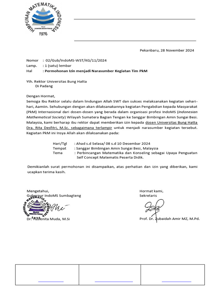surat permintaan izin mengikuti kegiatan untuk ke Malaysia PKM-Bung Hatta | PDF