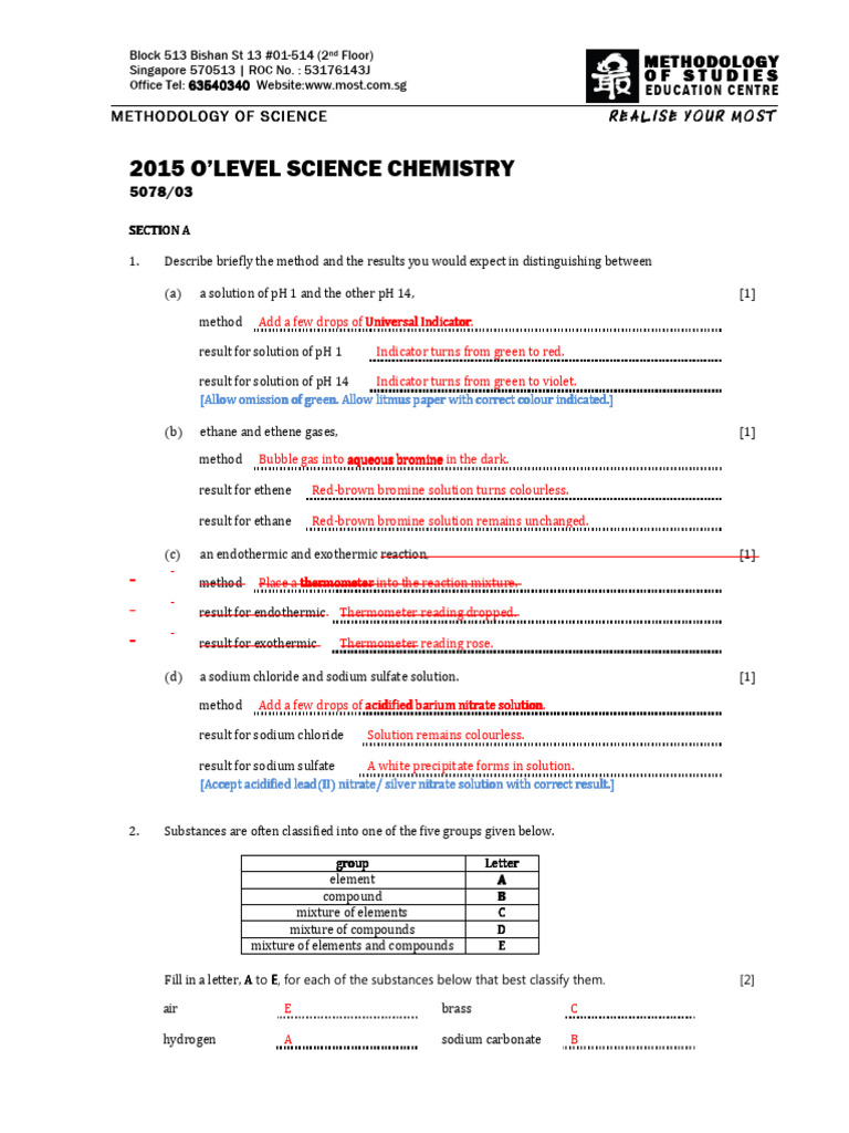 2015 Combined Chem O Level Answers | PDF | Chemical Reactions | Ph