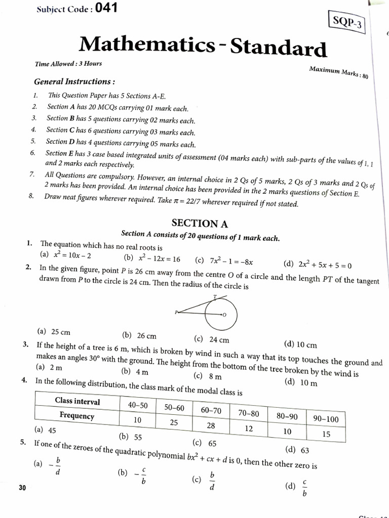 Class 10 Mathematics Question Paper | PDF | Circle | Quadratic Equation