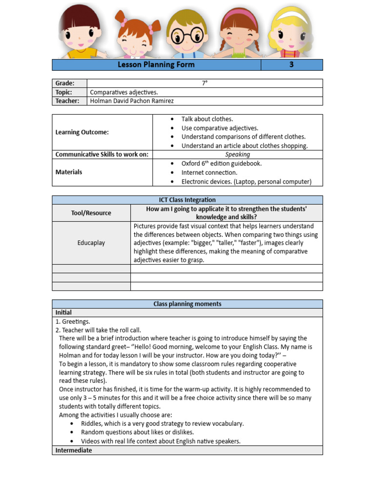 7th Grade Lesson Plan: Comparative Adjectives | PDF | Educational ...