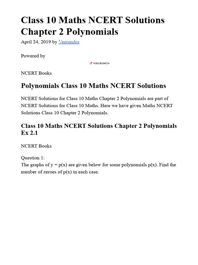 Class 10 Maths NCERT Solutions Chapter 2 Polynomials - Learn CBSE | PDF | Quadratic Equation ...