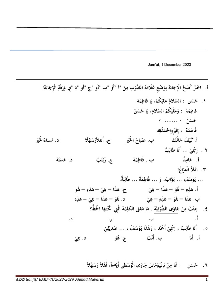 ASAS I Bahasa Arab 7 2023-2024 | PDF